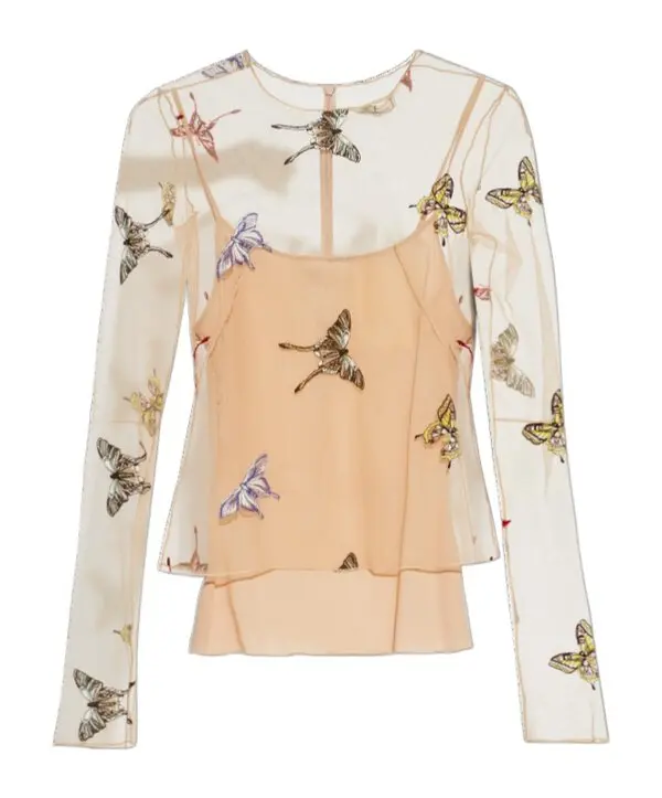 Blumarine Sheer Butterfly Embroidered Long Sleeve Top - Nude