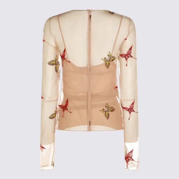 Blumarine Sheer Butterfly Embroidered Long Sleeve Top - Nude
