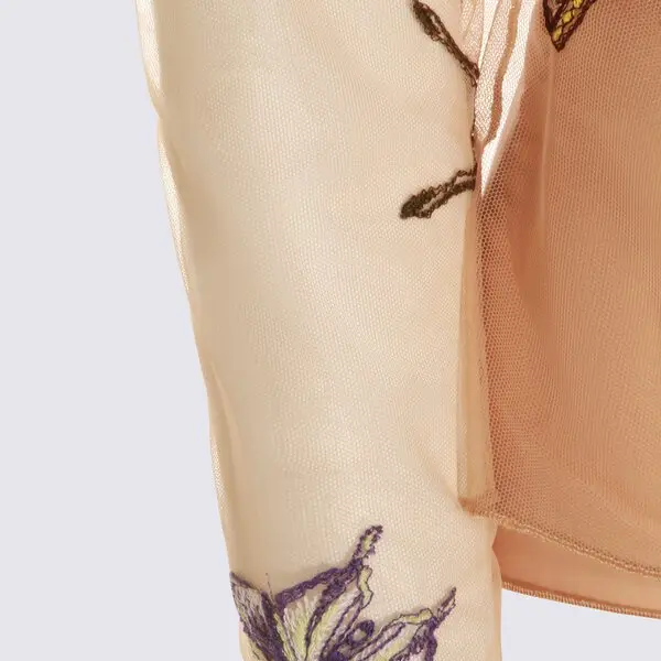 Blumarine Sheer Butterfly Embroidered Long Sleeve Top - Nude