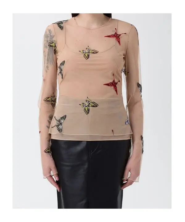 Blumarine Sheer Butterfly Embroidered Long Sleeve Top - Nude
