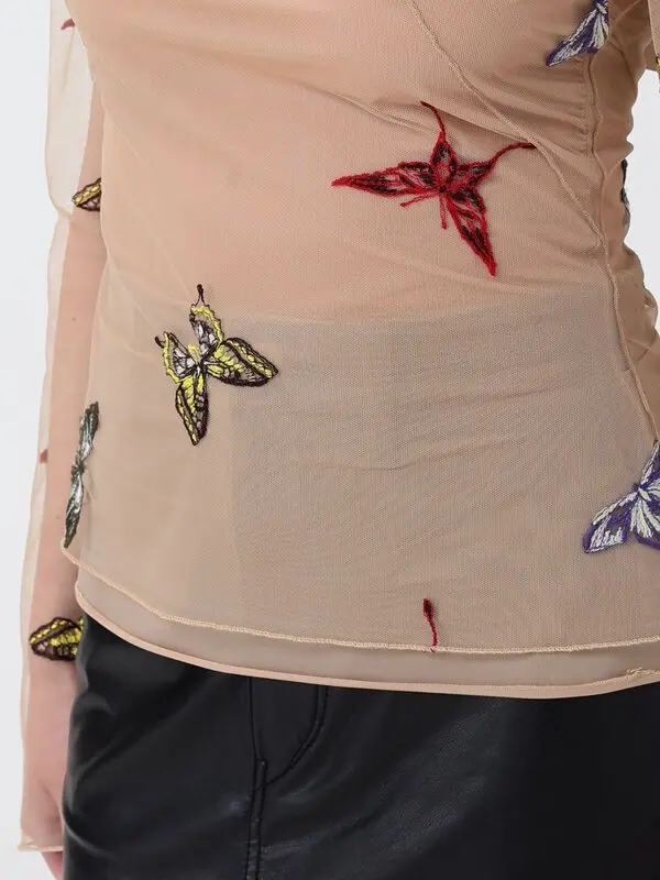 Blumarine Sheer Butterfly Embroidered Long Sleeve Top - Nude