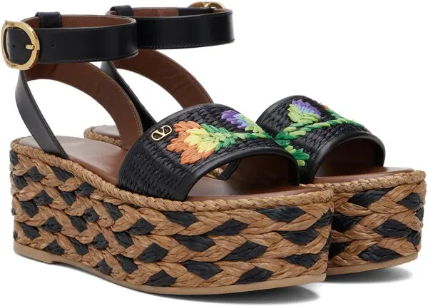 Valentino Garavani Polished Leather And Woven Faux Grass Platform Sandals