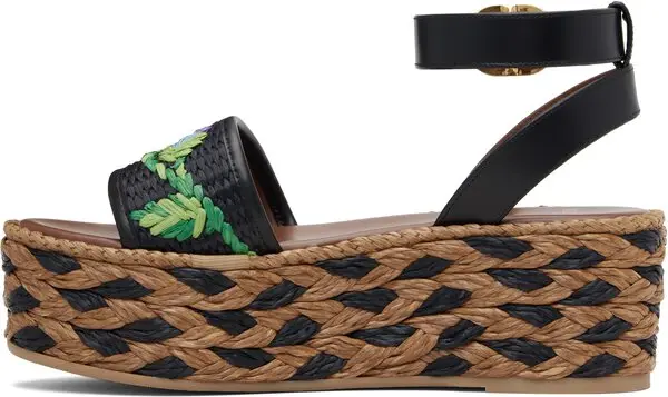 Valentino Garavani Polished Leather And Woven Faux Grass Platform Sandals