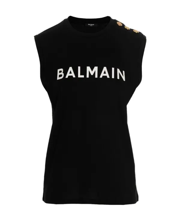 Balmain Sleeveless Logo T-shirt With Button Shoulder Detail - Black