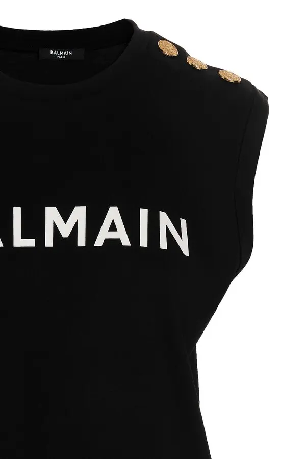 Balmain Sleeveless Logo T-shirt With Button Shoulder Detail - Black