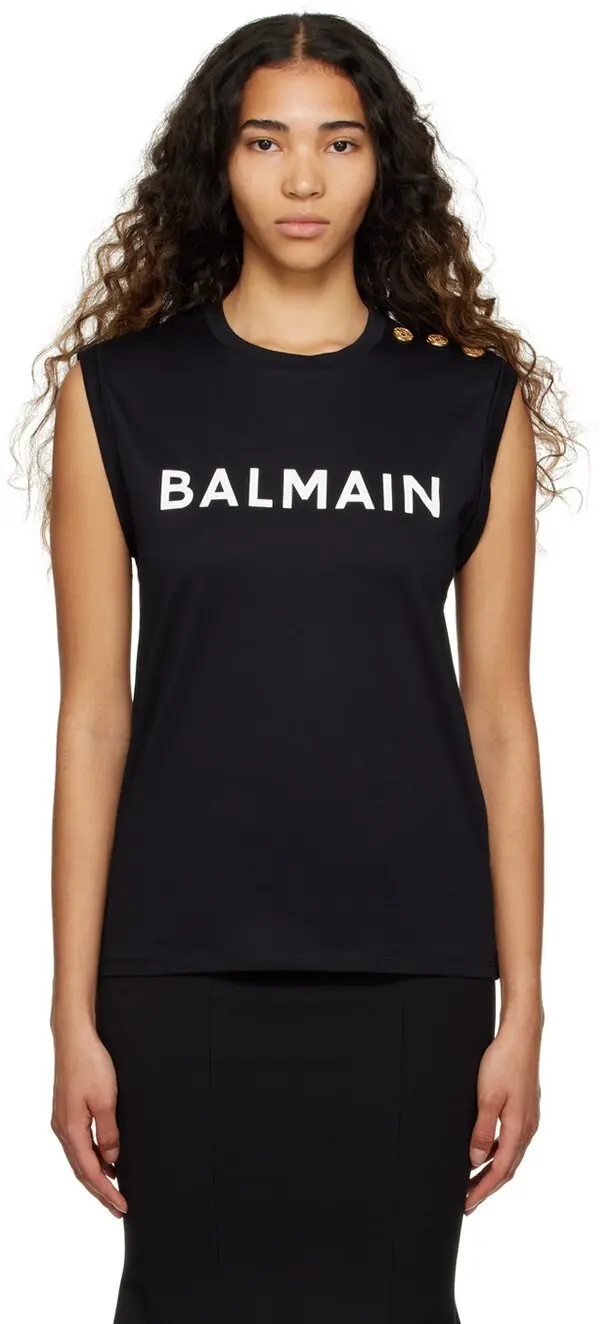 Balmain Sleeveless Logo T-shirt With Button Shoulder Detail - Black