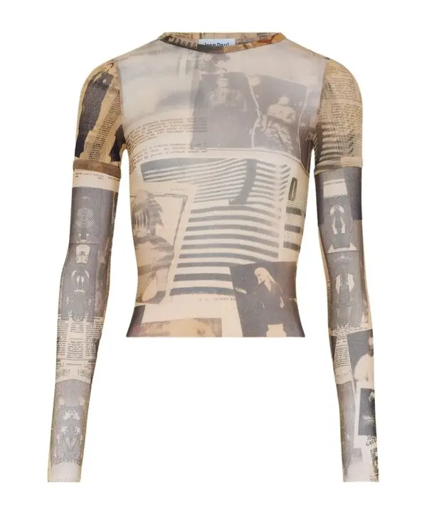 JEAN PAUL GAULTIER Mesh Newspaper Print Long Sleeve T-shirt - No