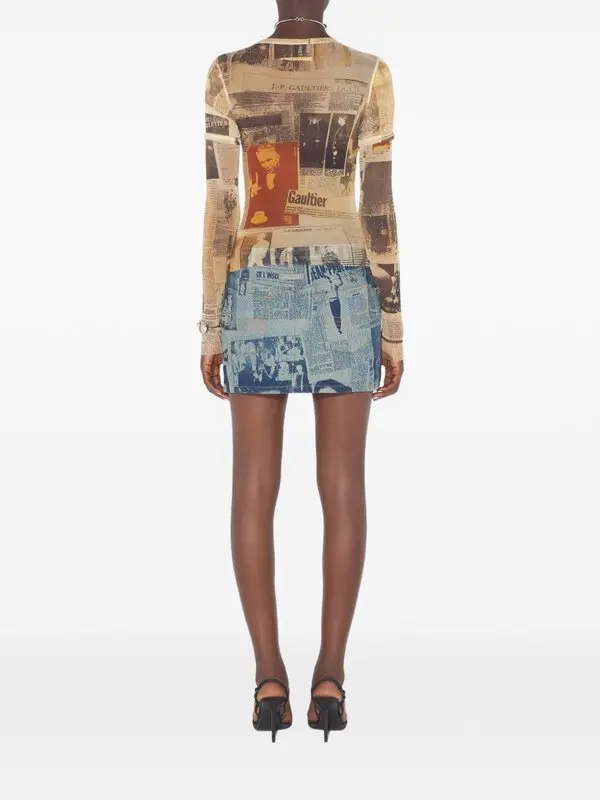 JEAN PAUL GAULTIER Mesh Newspaper Print Long Sleeve T-shirt - Nude