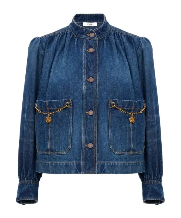 Chloé High-neck Gathered Denim Jacket - Blue