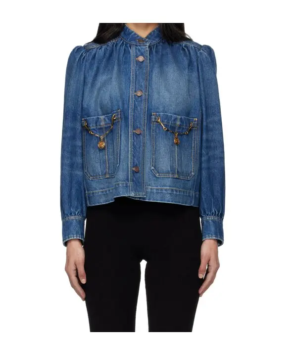 Chloé High-neck Gathered Denim Jacket - Blue