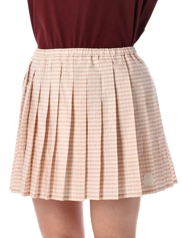 Moncler Logo Patch Gingham Check Pleated Mini Skirt - Nude