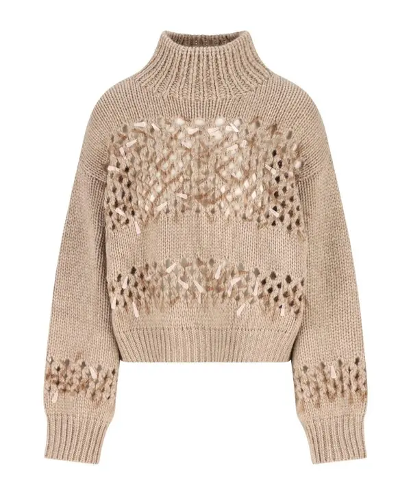 Brunello Cucinelli Embellished Geometric Cutout Turtleneck Jumper - Beige