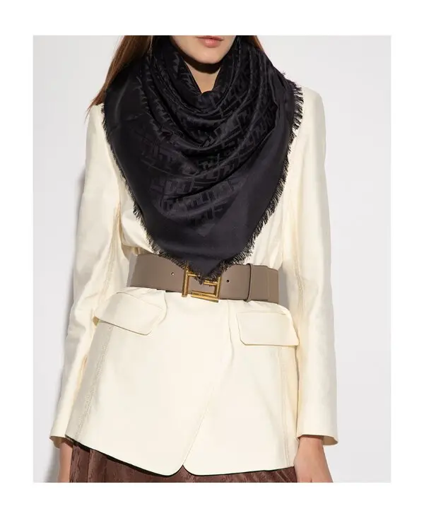 Fendi Ff Logo Printed Fringe Detailed Scarf - Black