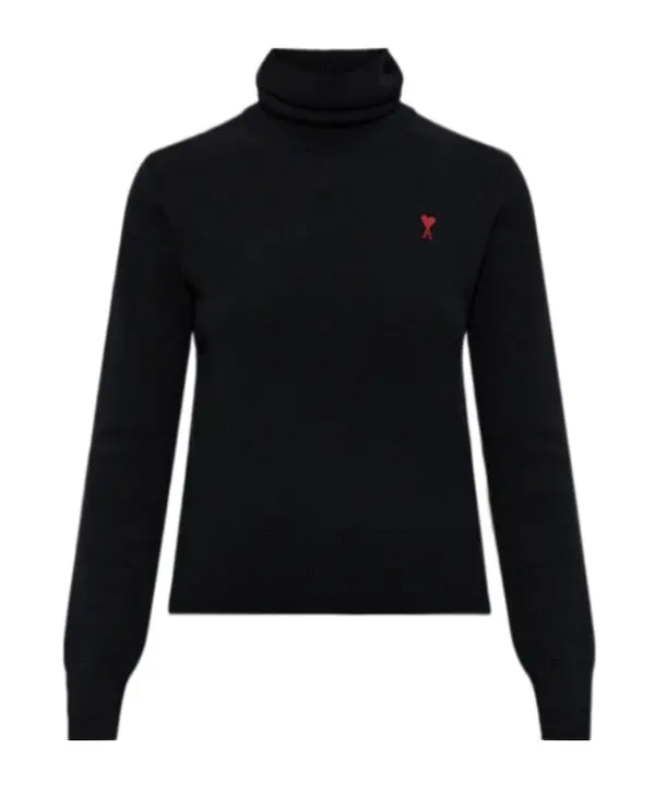 AMI Paris De Coeur Embroidered Turtleneck Jumper - Black