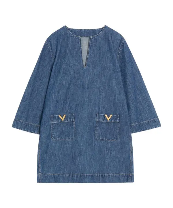 Valentino Garavani Logo Plaque V-neck Denim Mini Dress - Blue