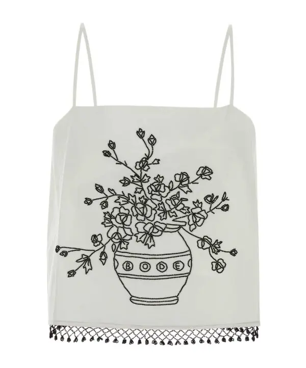 BODE Rosebloom Floral-print Tank Top With Beaded Hem - White