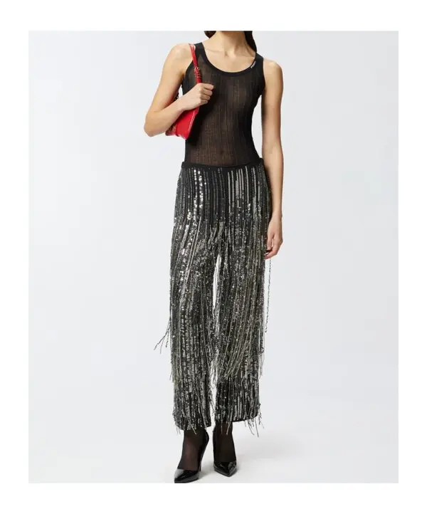 Pinko Sequin Embellished Fringed Wide-leg Trousers