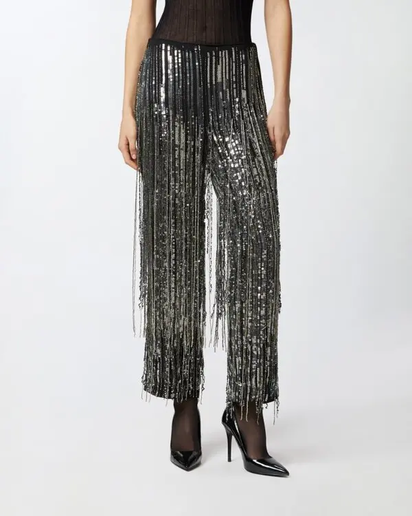 Pinko Sequin Embellished Fringed Wide-leg Trousers