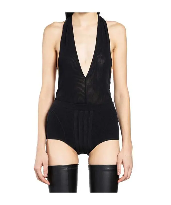 Attico The V-neck Stretch Tulle Bodysuit - Black