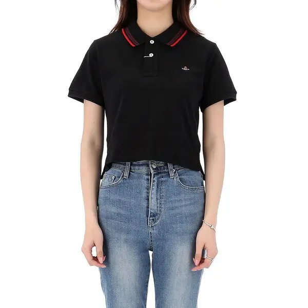 VIVIENNE WESTWOOD Short Sleeve Polo Shirt With Embroidered Saturn Logo - Black