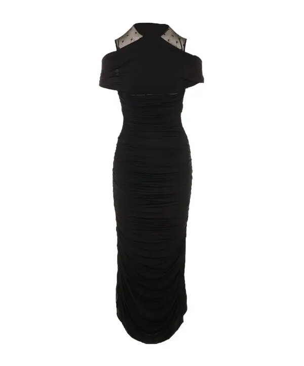 MARINE SERRE Moon-print Mesh Panel Off-the-shoulder Maxi Dress