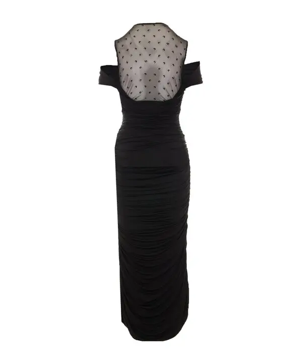 MARINE SERRE Moon-print Mesh Panel Off-the-shoulder Maxi Dress