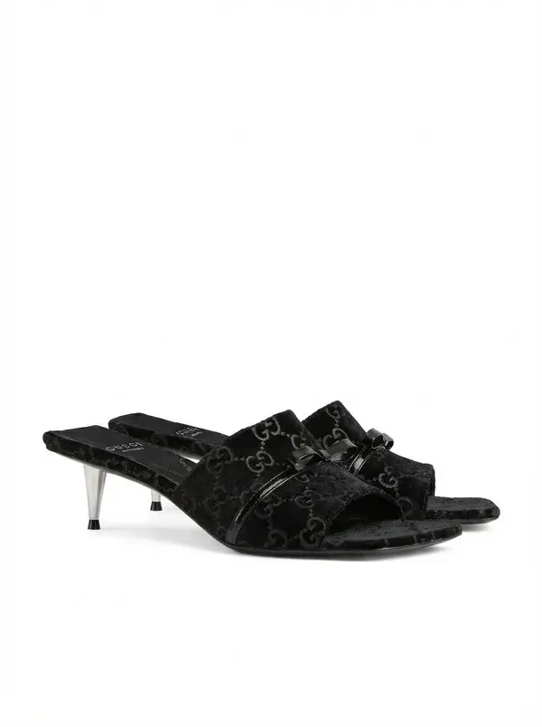 Gucci Gg Jacquard Velvet Mules With Bow Detailing