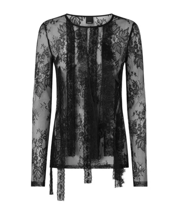 Pinko Floral Lace Long Sleeve Top With Fringing - Black