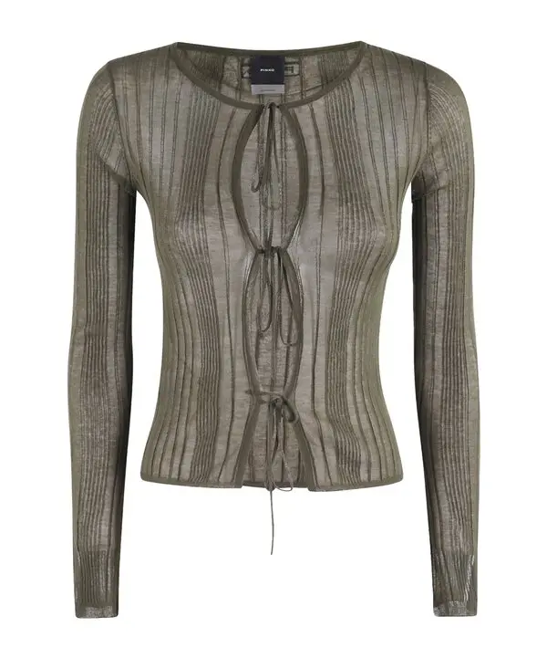 Pinko Ribbed Front Tie Knit Top - Verde Militare
