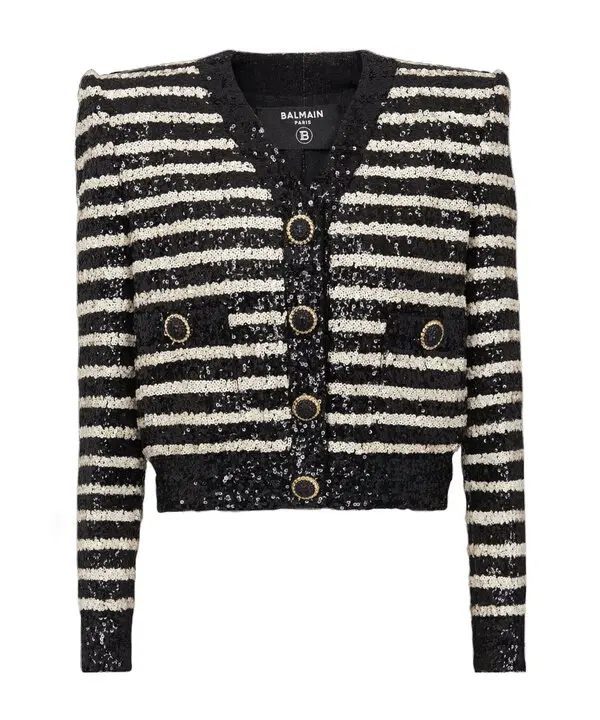 Balmain Striped Sequinned Cropped Jacket