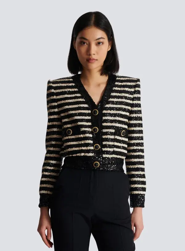 Balmain Striped Sequinned Cropped Jacket