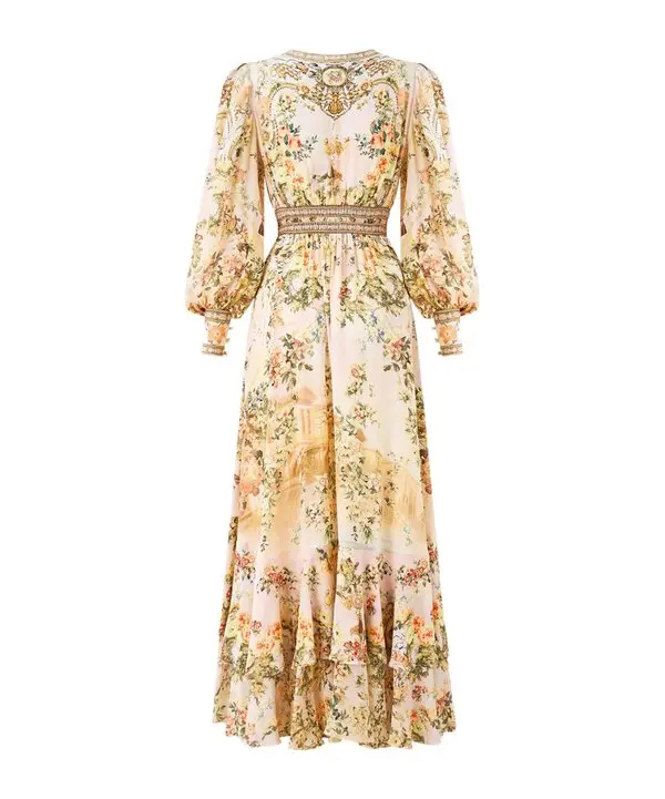 Camilla Floral Printed Long Button Front Dress - Nude