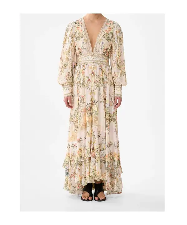 Camilla Floral Printed Long Button Front Dress - Nude