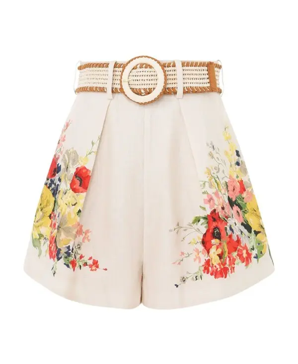Zimmermann Alight Floral Printed Belted Tuck Shors - White