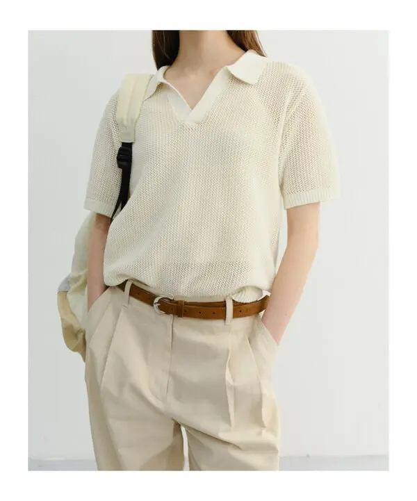 DUNST Open-knit Polo-collar T-shirt - Ivory