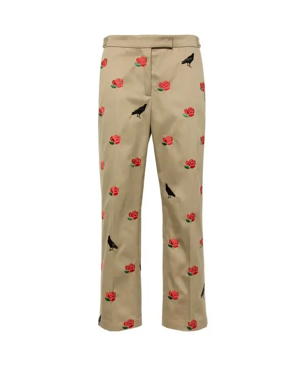 Thom Browne Mid-rise Tailored Twill Trousers With Embroidered Crow And Rose Motif