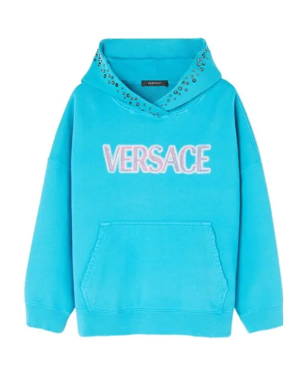 Versace Embellished Logo Detail Hoodie - Blue