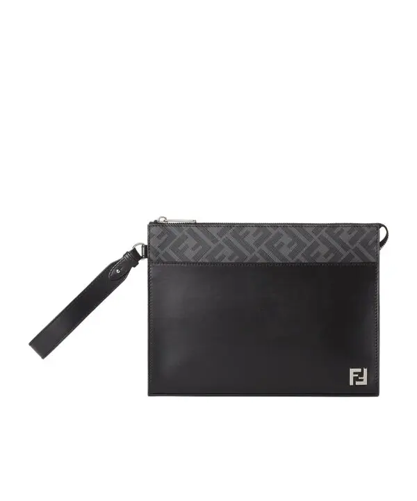 Fendi Logo Plaque Zipped Clutch Bag - Black