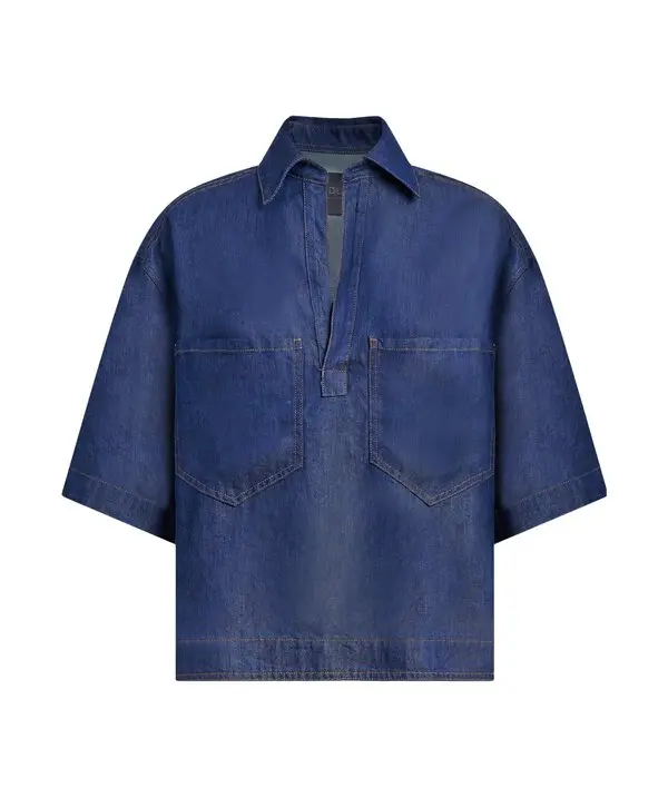 DONDUP Boxy V-neck Denim Top With Classic Collar - Blue