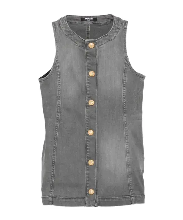Balmain Sleeveless Button Detailed Quilted Denim Dress