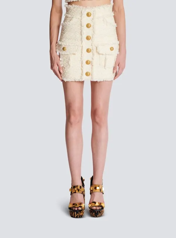 Balmain Tweed Pencil Skirt With Embossed Lion Head Buttons