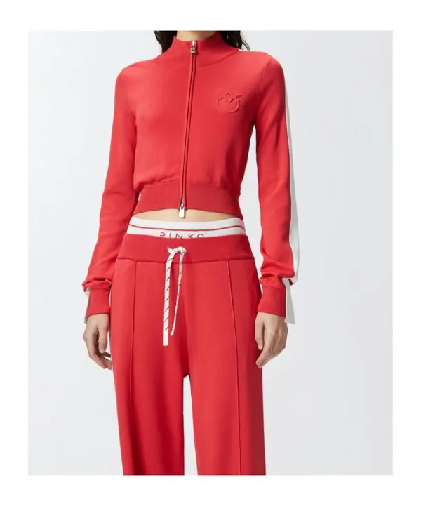 Pinko Cropped High Neck Zip-up T-shirt With Contrast Side Bands