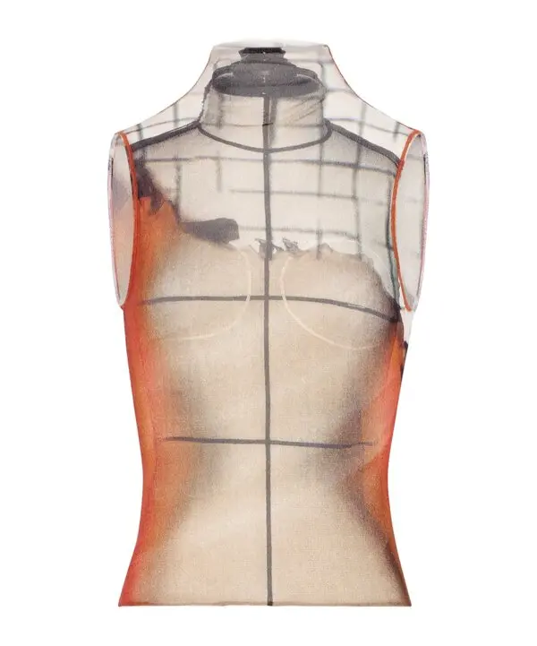 JEAN PAUL GAULTIER Mesh High Neck Printed Tank - Nude