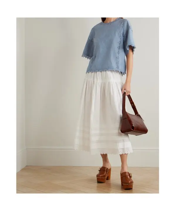 Ulla Johnson Embroidered Tulle-trimmed Cotton-chambray Blouse