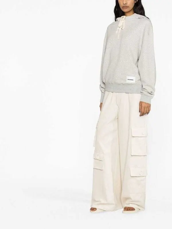JIL SANDER Logo Patch Drawstring Hoodie - Gray