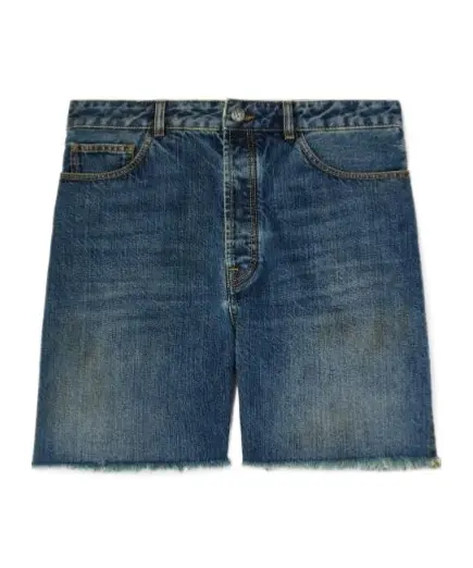 Palm Angels Logo Printed Frayed Hem Denim Shorts - Blue