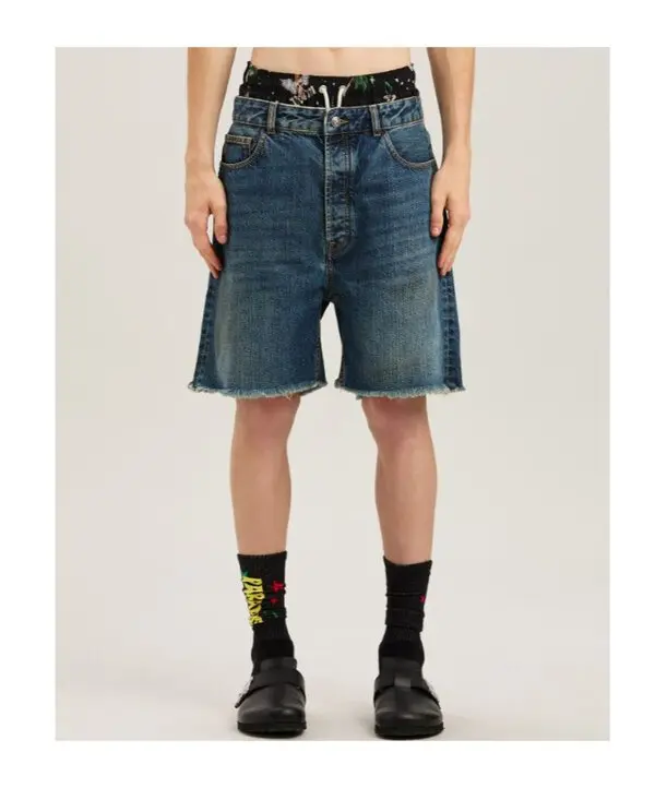 Palm Angels Logo Printed Frayed Hem Denim Shorts