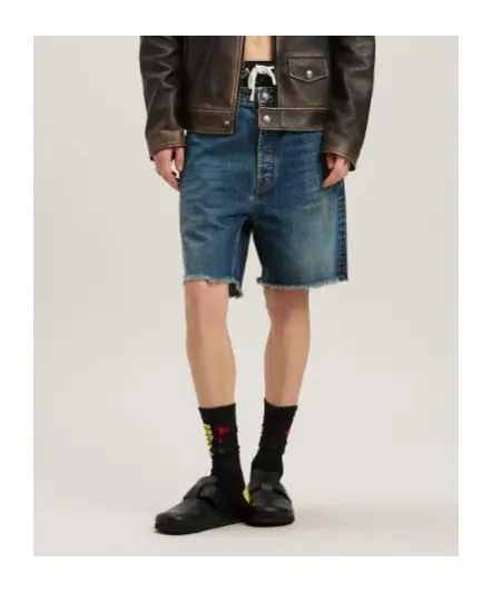 Palm Angels Logo Printed Frayed Hem Denim Shorts