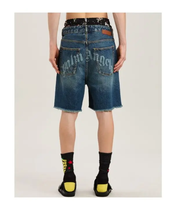 Palm Angels Logo Printed Frayed Hem Denim Shorts