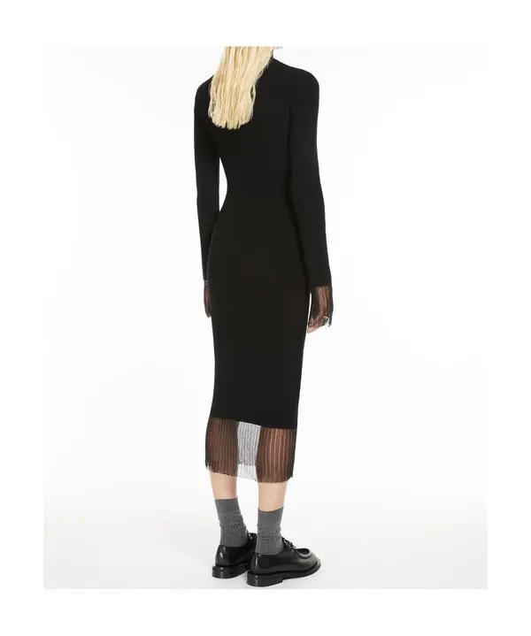 Sportmax Long Sleeve Wool Dress With Fringe Detail